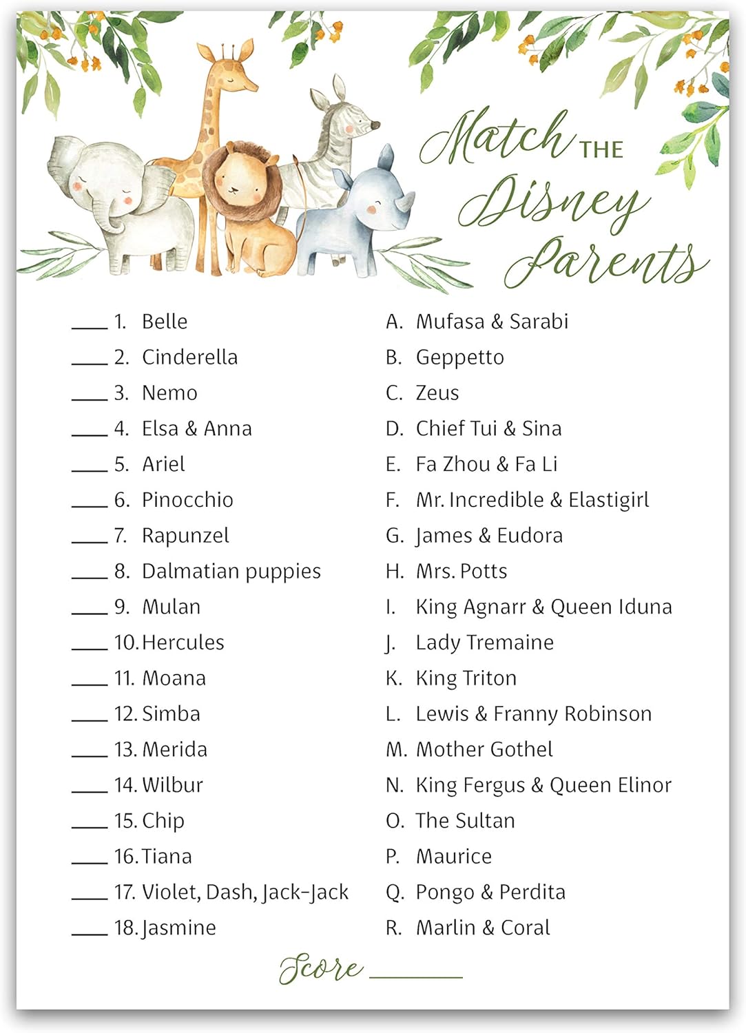 Inscape Creations SAFARI ANIMALS Match Cartoon Parents Baby Shower ...