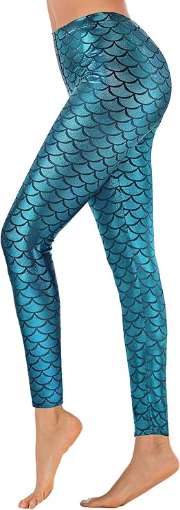 Mermaid Leggings for Women Shiny Fish Scale Tight Pants Footless Tights ...