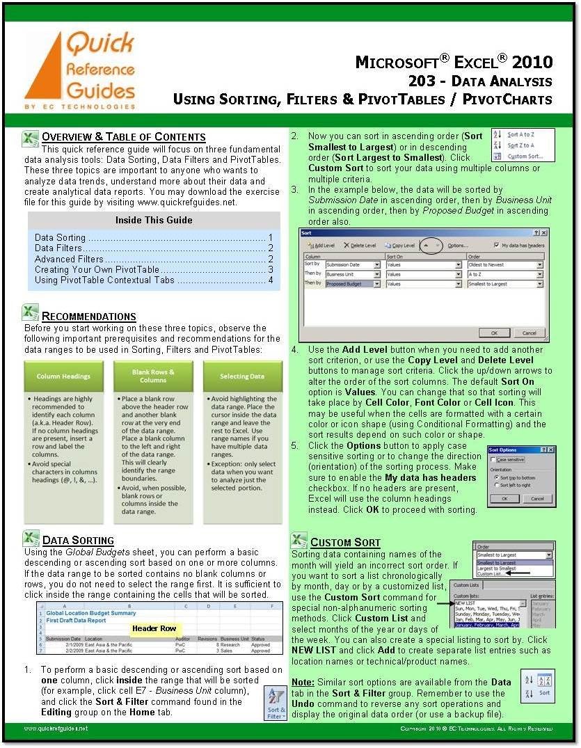 Amazon.com : Microsoft EXCEL 2010 Quick Reference Guide: Data Analysis ...
