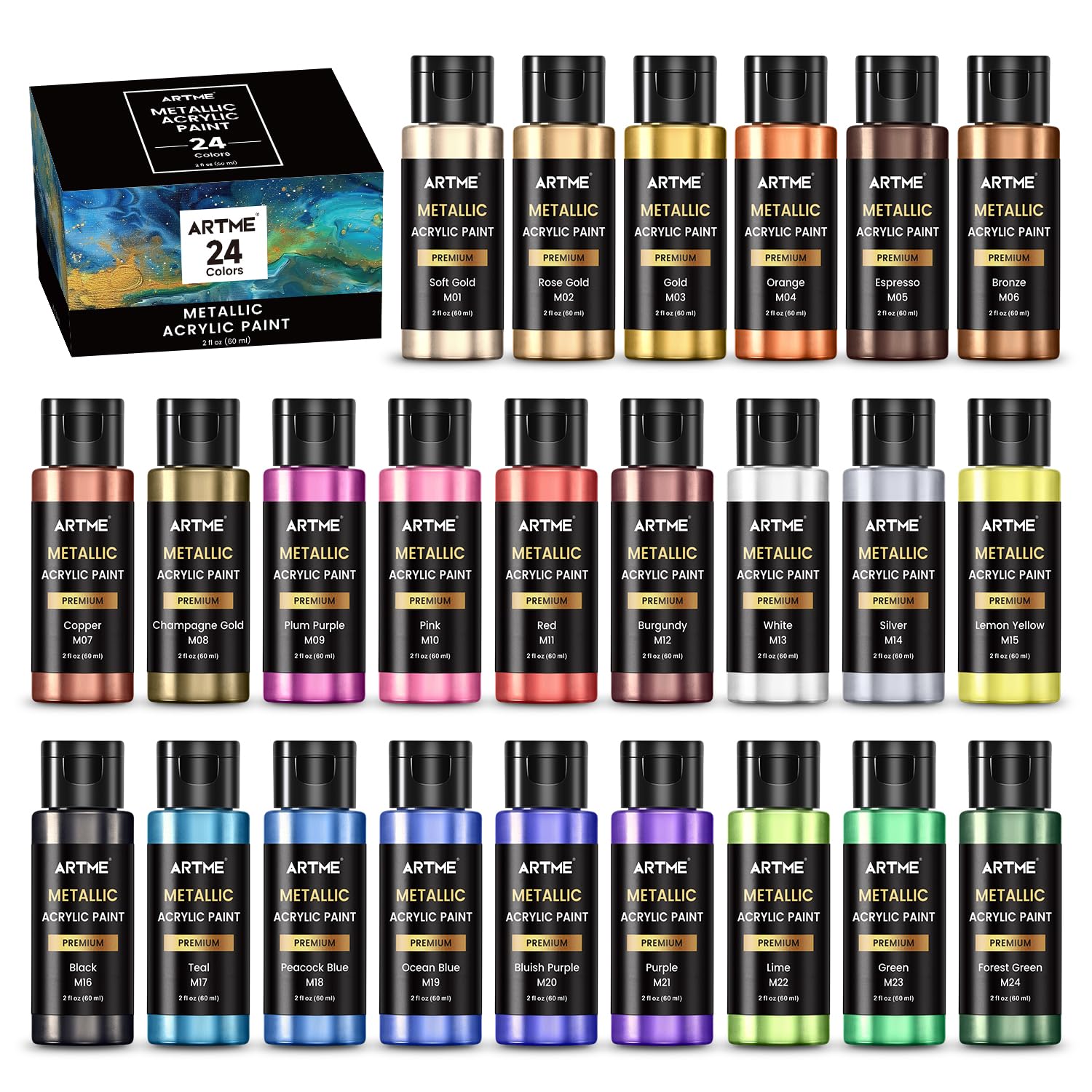 Amazon.com: Artme Metallic Acrylic Paint Set, 24 Metallic Colors in 2 ...