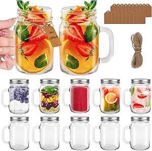 8 oz Mason Jars with Handle 12Pack, Jaisie.W Empty Small Mason Jar Mugs with screw top lids ...