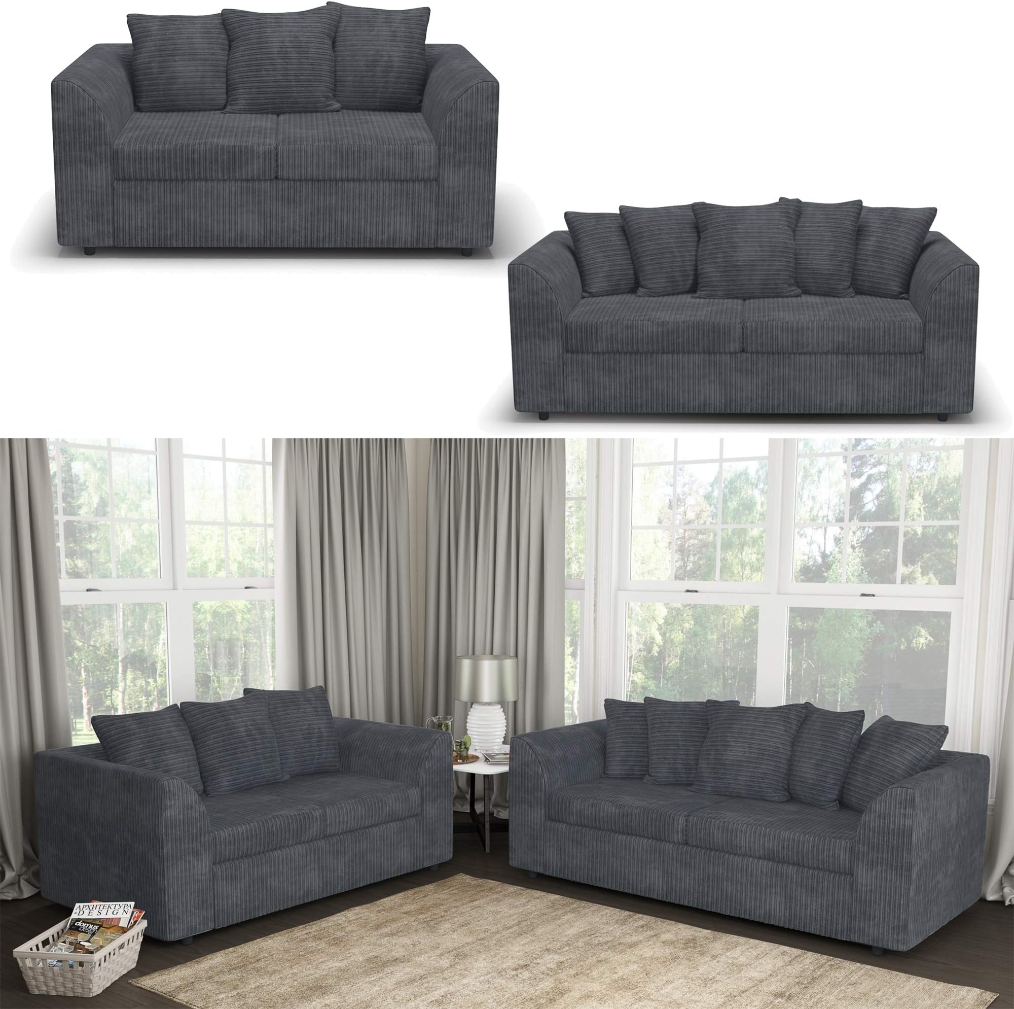Dino Black & Grey Fabric Jumbo Cord Sofa Settee Couch 3+2 Seater SUPERB VALUE : Amazon.co.uk ...