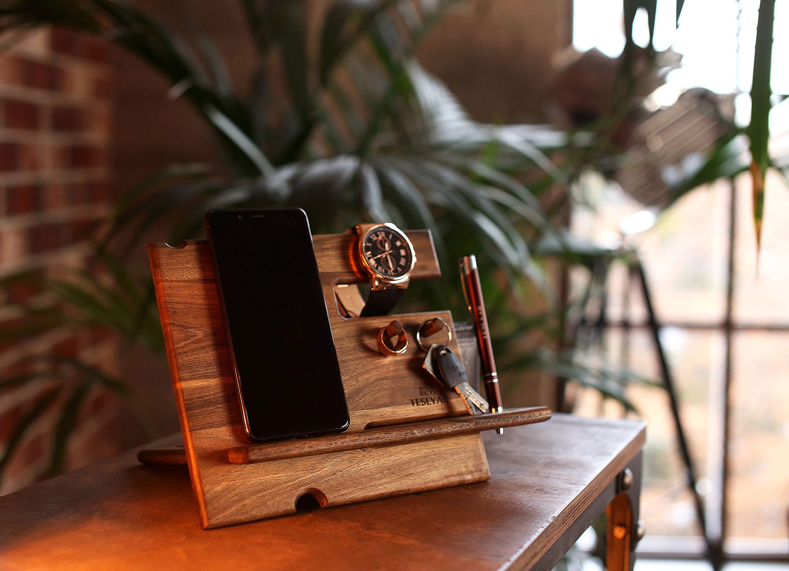 Natural Walnut Wood Phone Docking Station Key Hooks Holder Wallet Stand ...