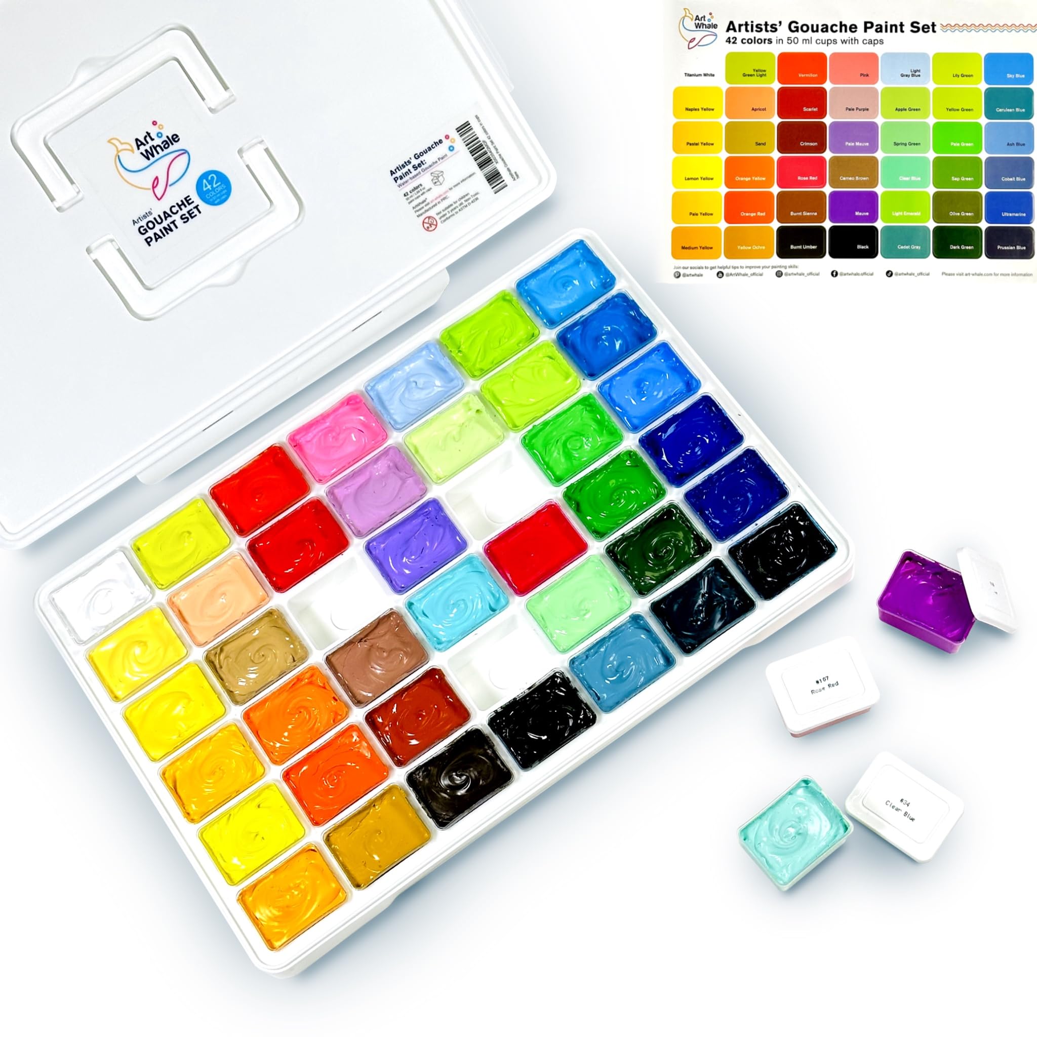 Amazon.com: Art Whale Gouache Paint Set 42 Colors 50 ml, 1.7 fl oz Cups ...