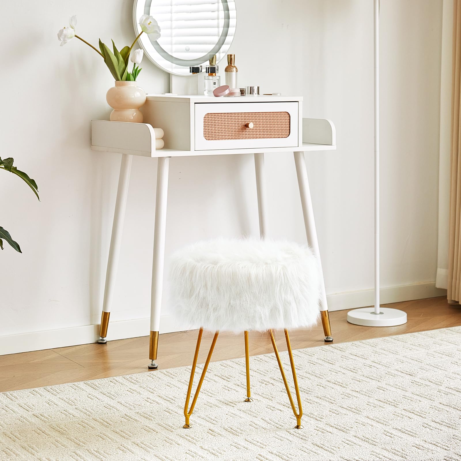Snapklik.com : Alessing Faux Fur Foot Stools Ottoman, Round Soft Furry ...