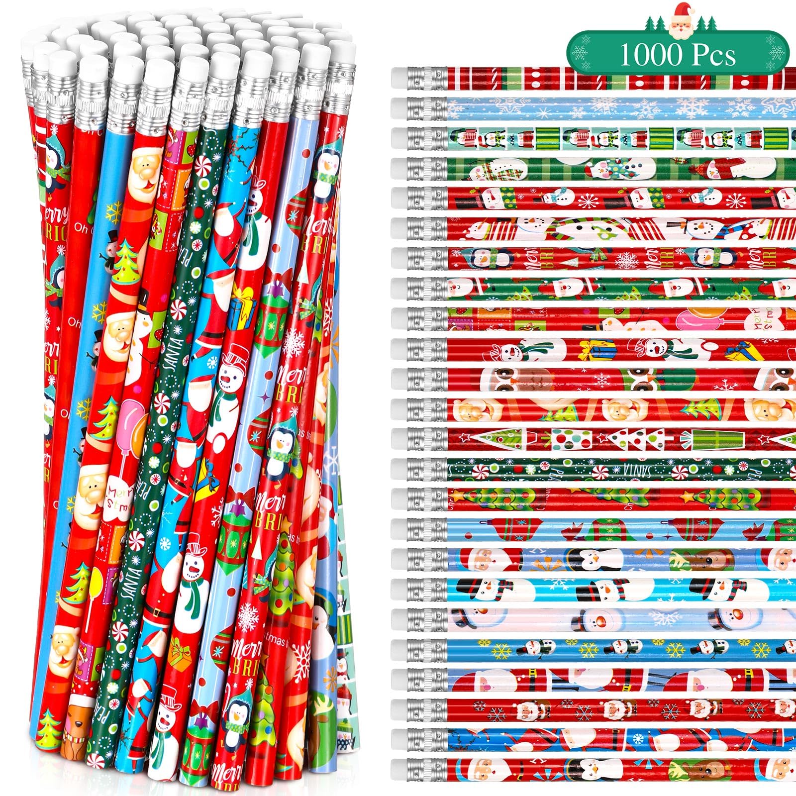 Amazon.com : Fainne 1000 Pcs Christmas Pencils Bulk with Eraser Holiday ...