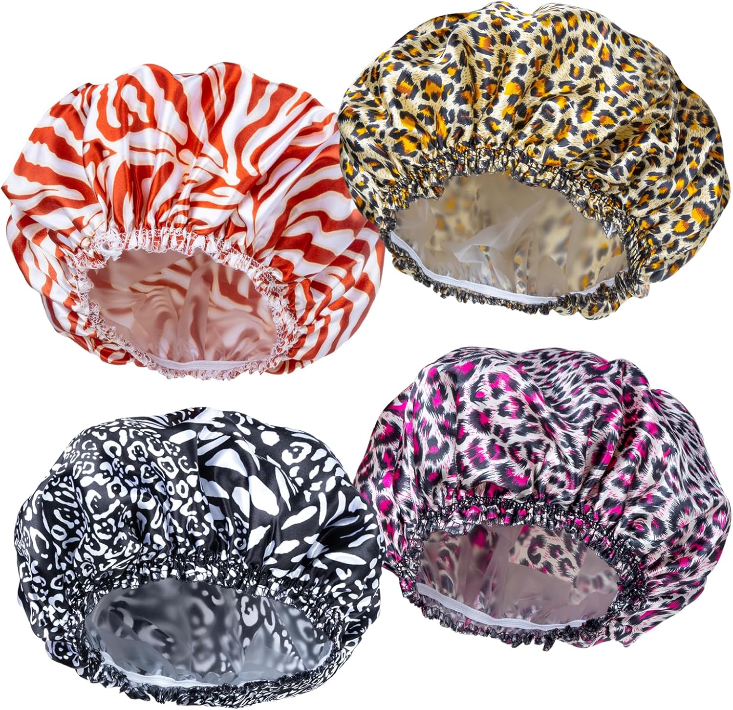 4 PCS Shower Caps for Women, Elastic and Reusable Bath Caps, Double ...