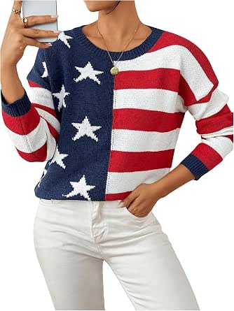 SweatyRocks Women's American Flag Sweater USA Star Striped Knit Sweater ...
