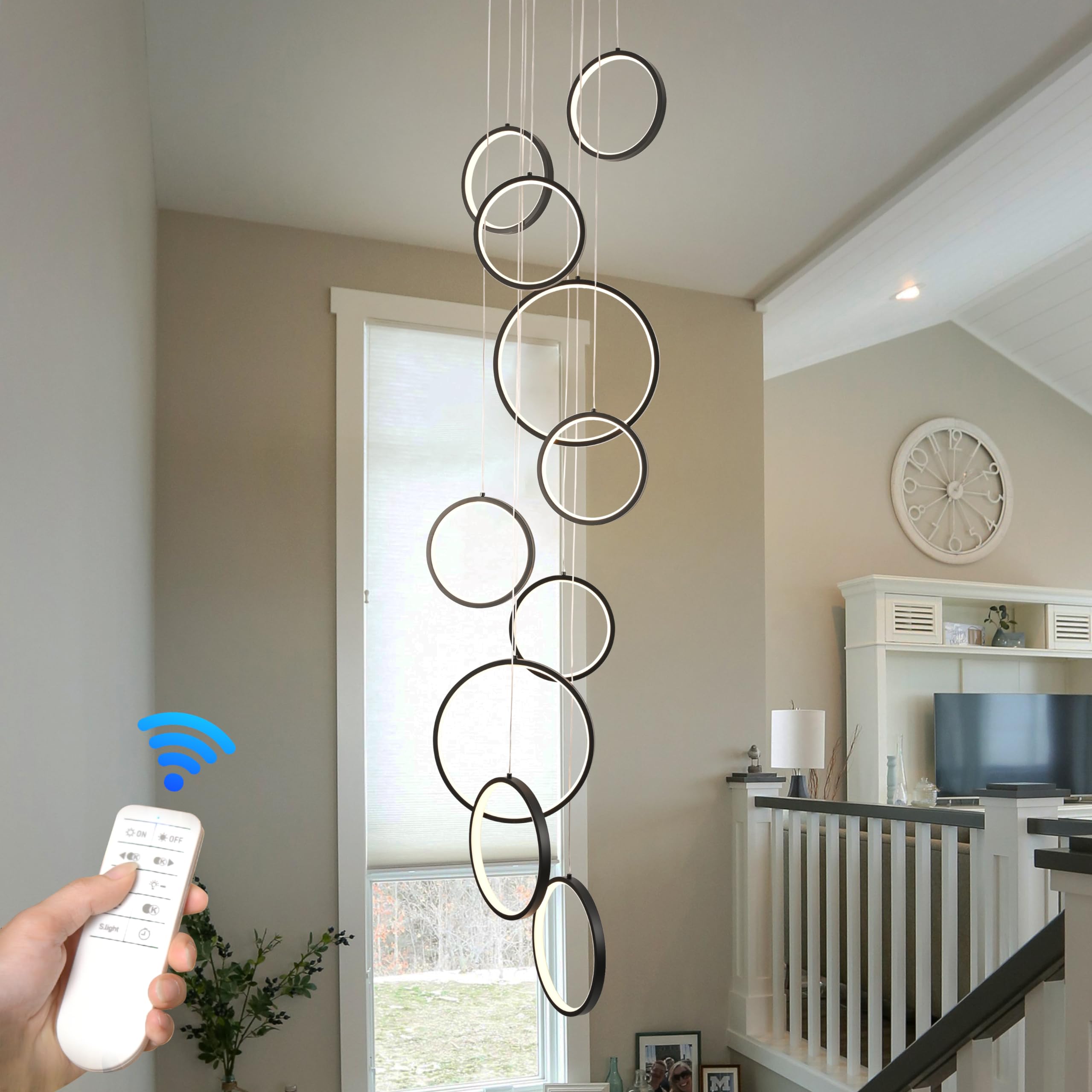 Black LED Ring Chandelier Modern Black 10-Ring Pendant Light High ...