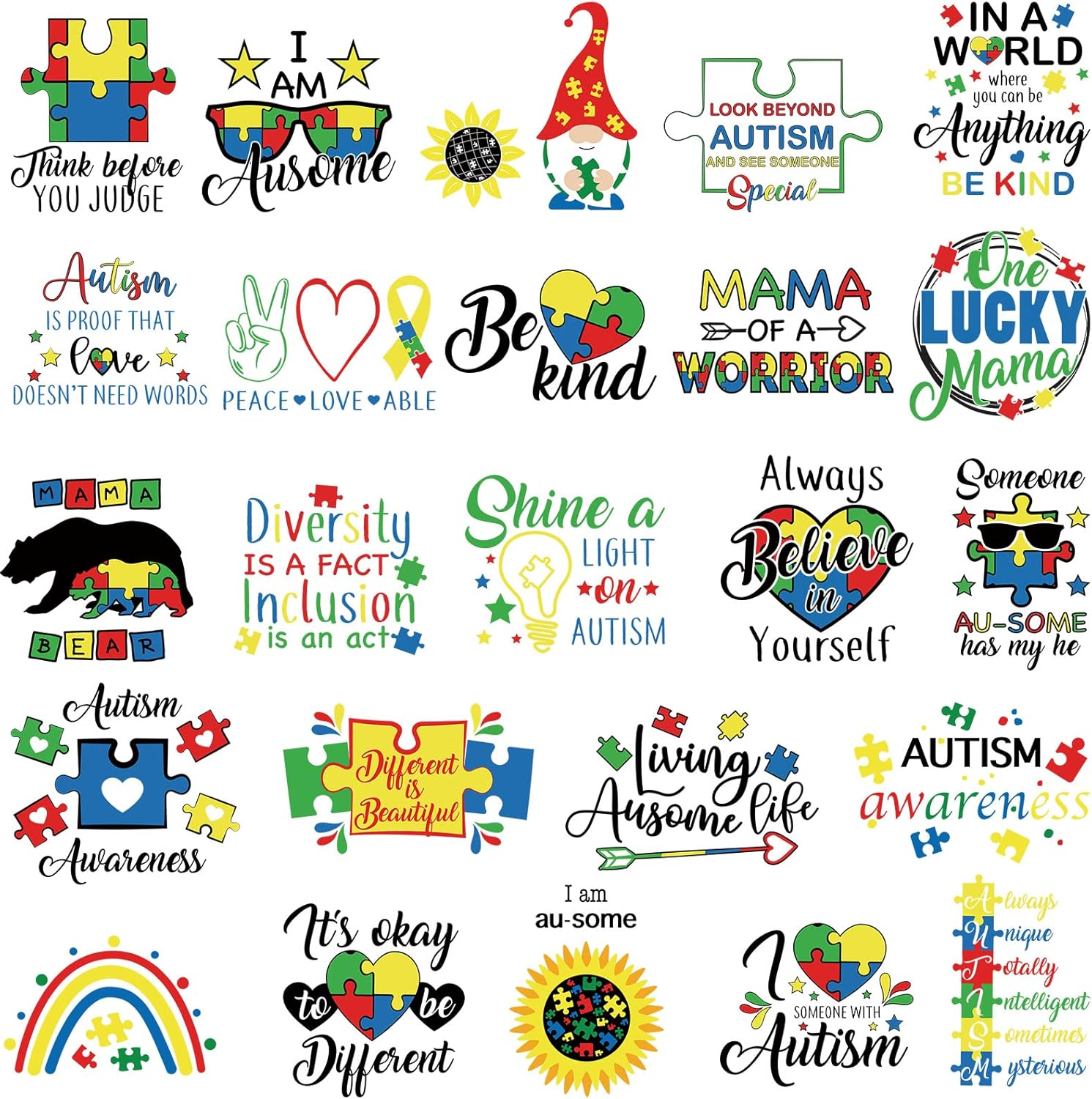 Amazon.com: 25 Sheets Autism Awareness Iron on Decals HTV Heat Transfer ...