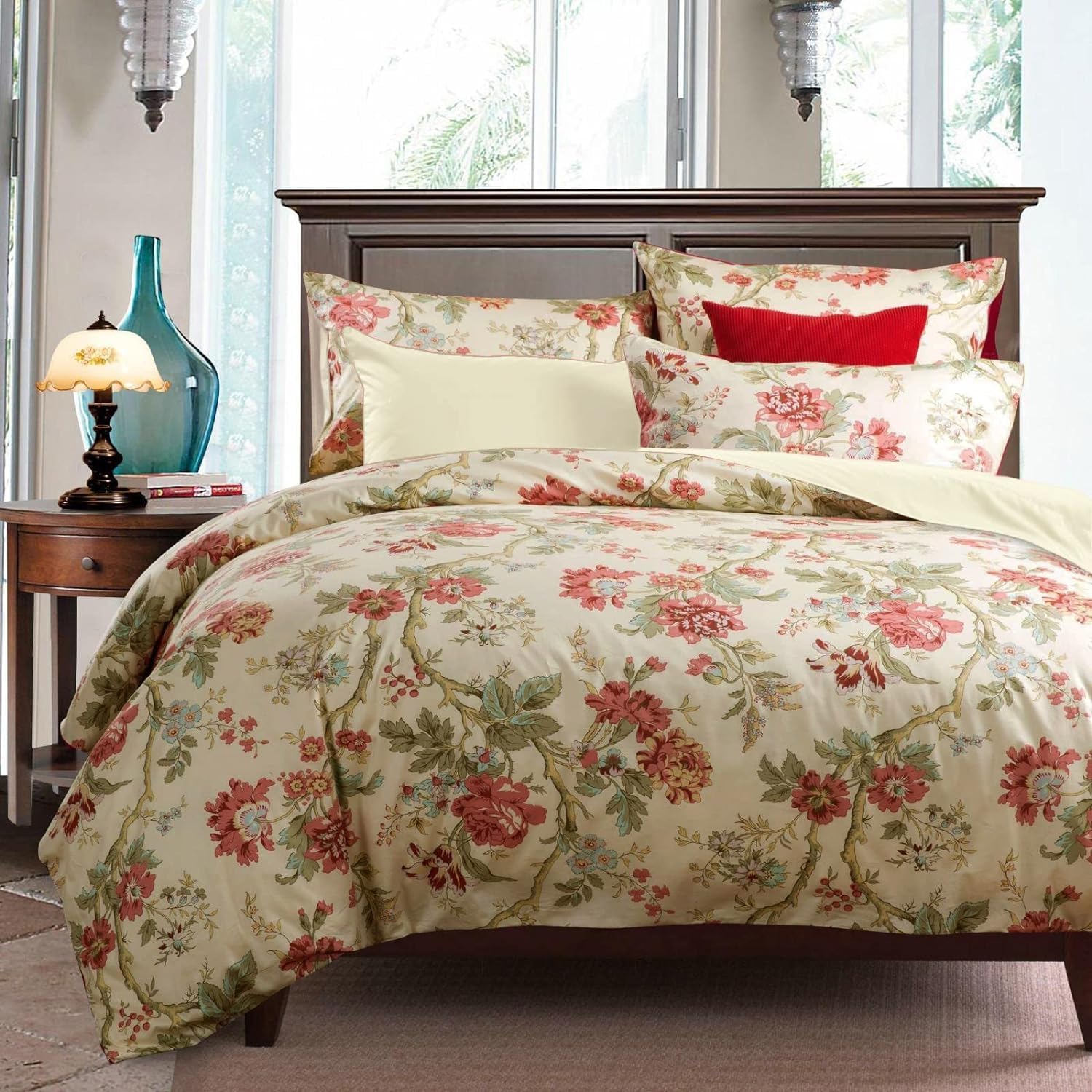 Amazon.com: Garden Style Floral Duvet Cover Queen Vintage Red Flower ...