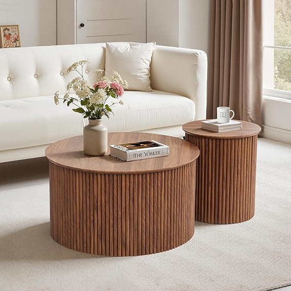 Amazon.com: Fluted Round Nesting Coffee Table Set of 2, Mid Century ...