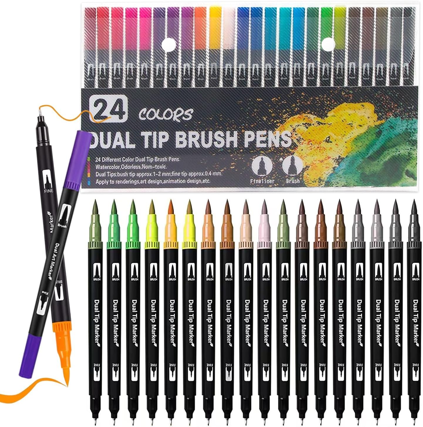 Surcotto Colouring pens, Dual Tip Brush Pens, 24 Colorful Washable Felt ...