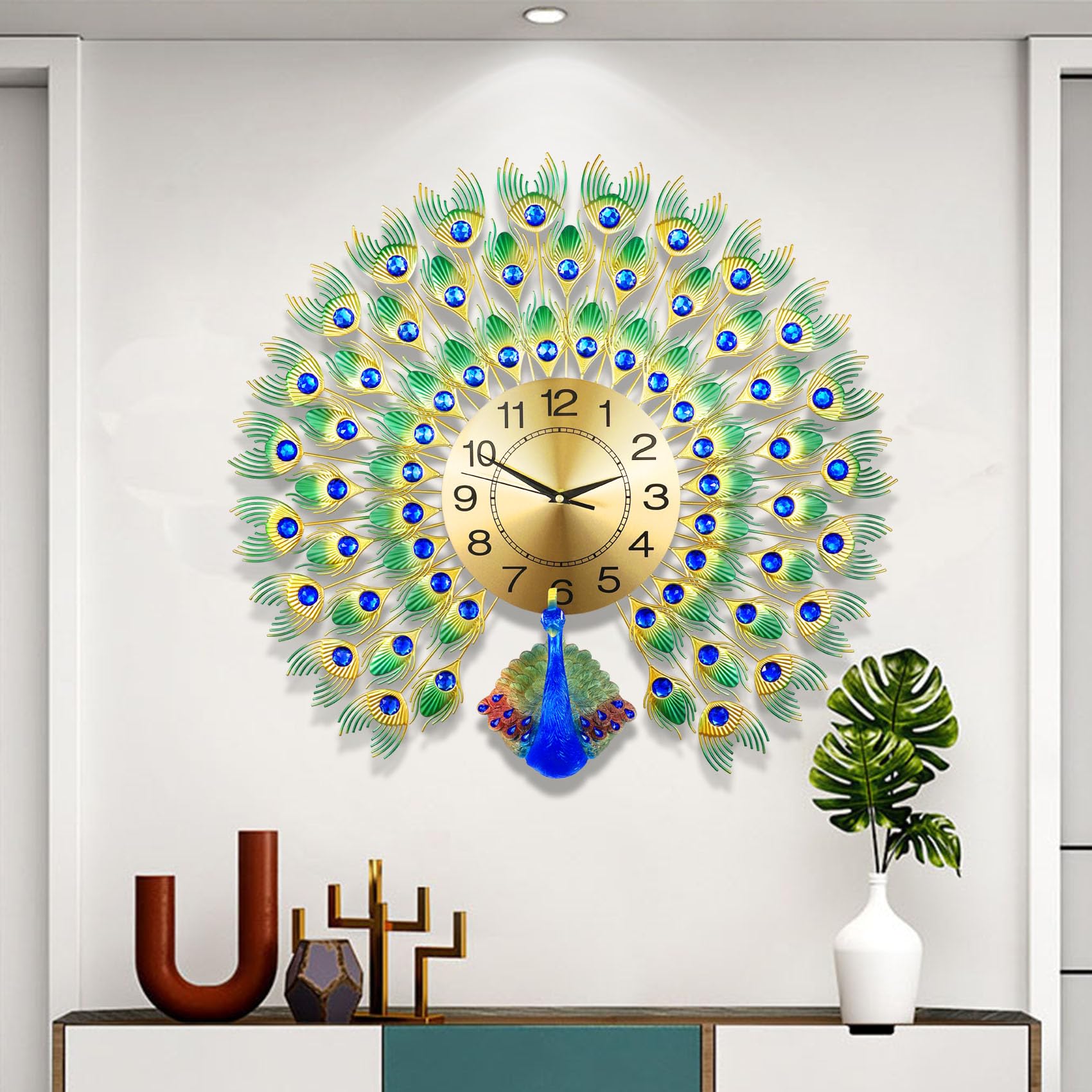 EURSON Large Peacock Wall Clock 27.6 inch Non-Ticking Silent Crystal ...