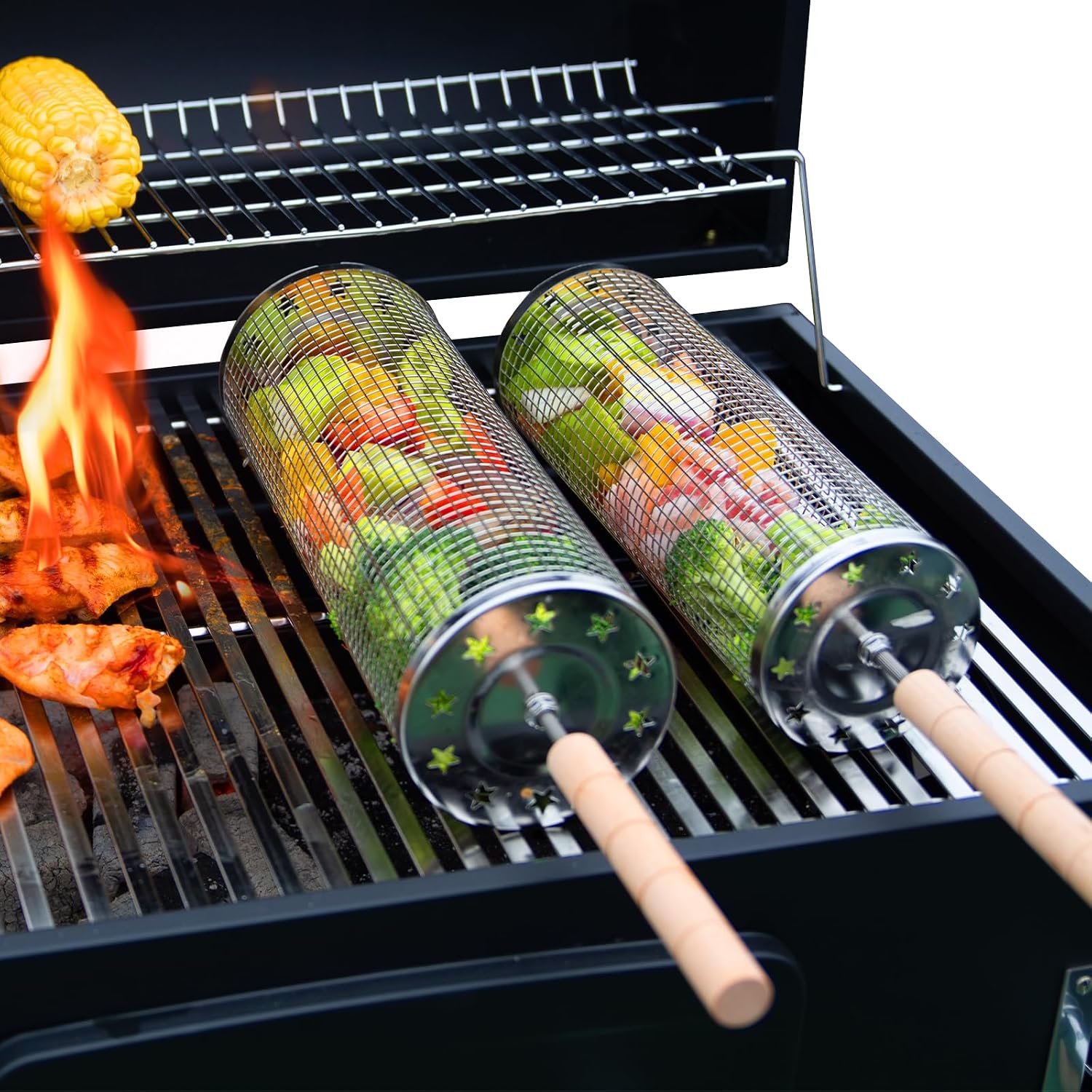 LANEJOY Rolling Grill Baskets with Handle (11.8" x 4.3"), 304 Stainless ...