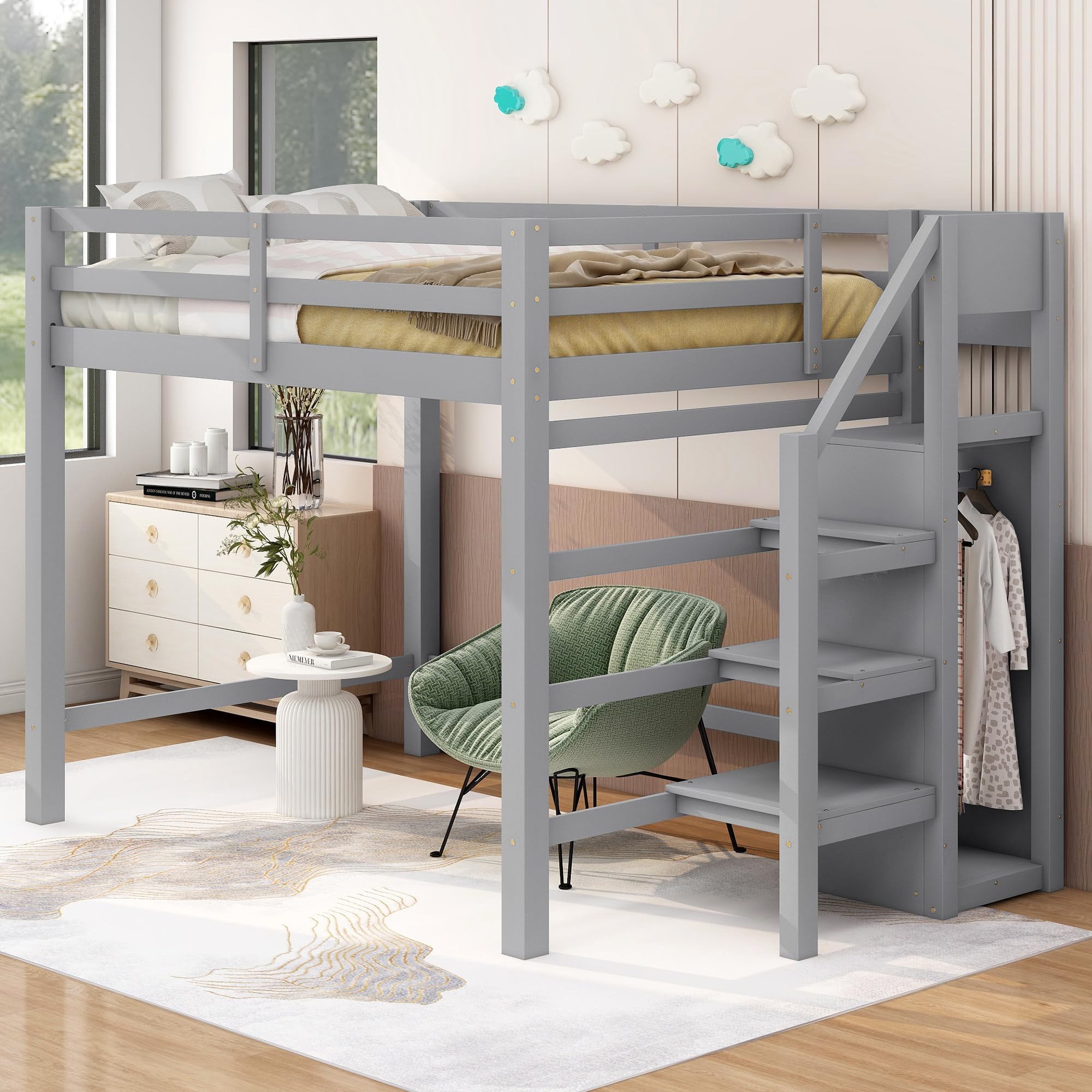 Amazon.com: Bellemave Full Size Loft Bed with Desk and Wardrobe, Wooden ...