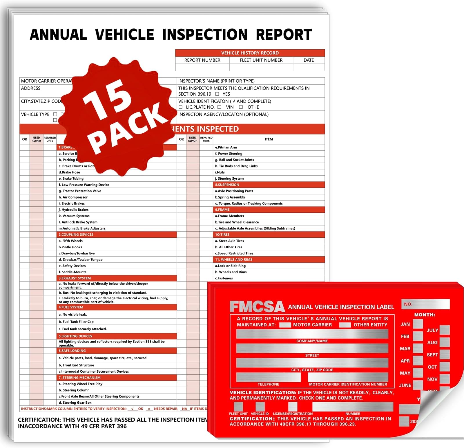 Amazon.com : 15Pack DOT Annual Vehicle Inspection Report Form and ...