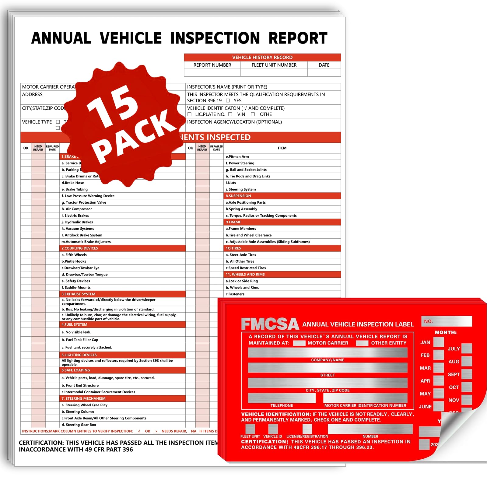 Amazon.com : 15Pack DOT Annual Vehicle Inspection Report Form and ...
