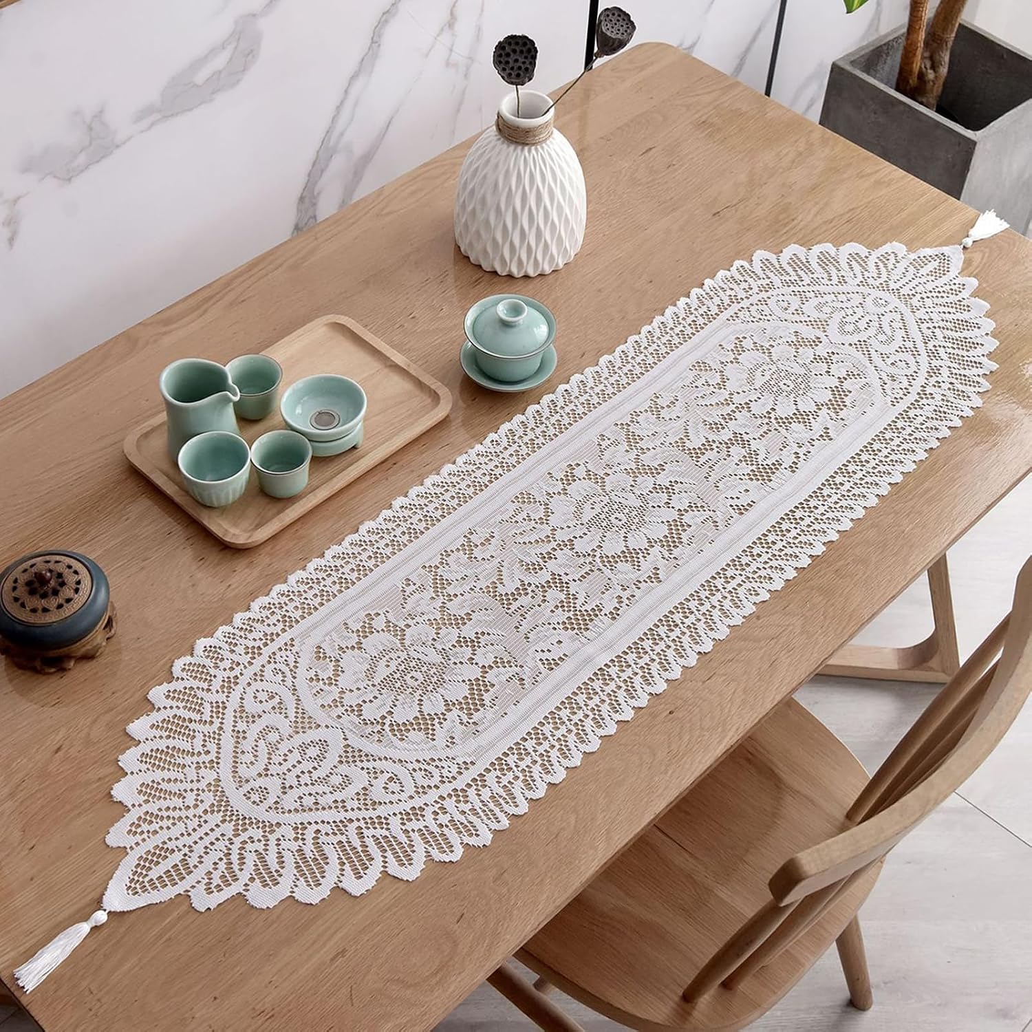 Amazon.com: 2Pcs Lace Table Runners with Tassels, Farmhouse Boho Doily ...