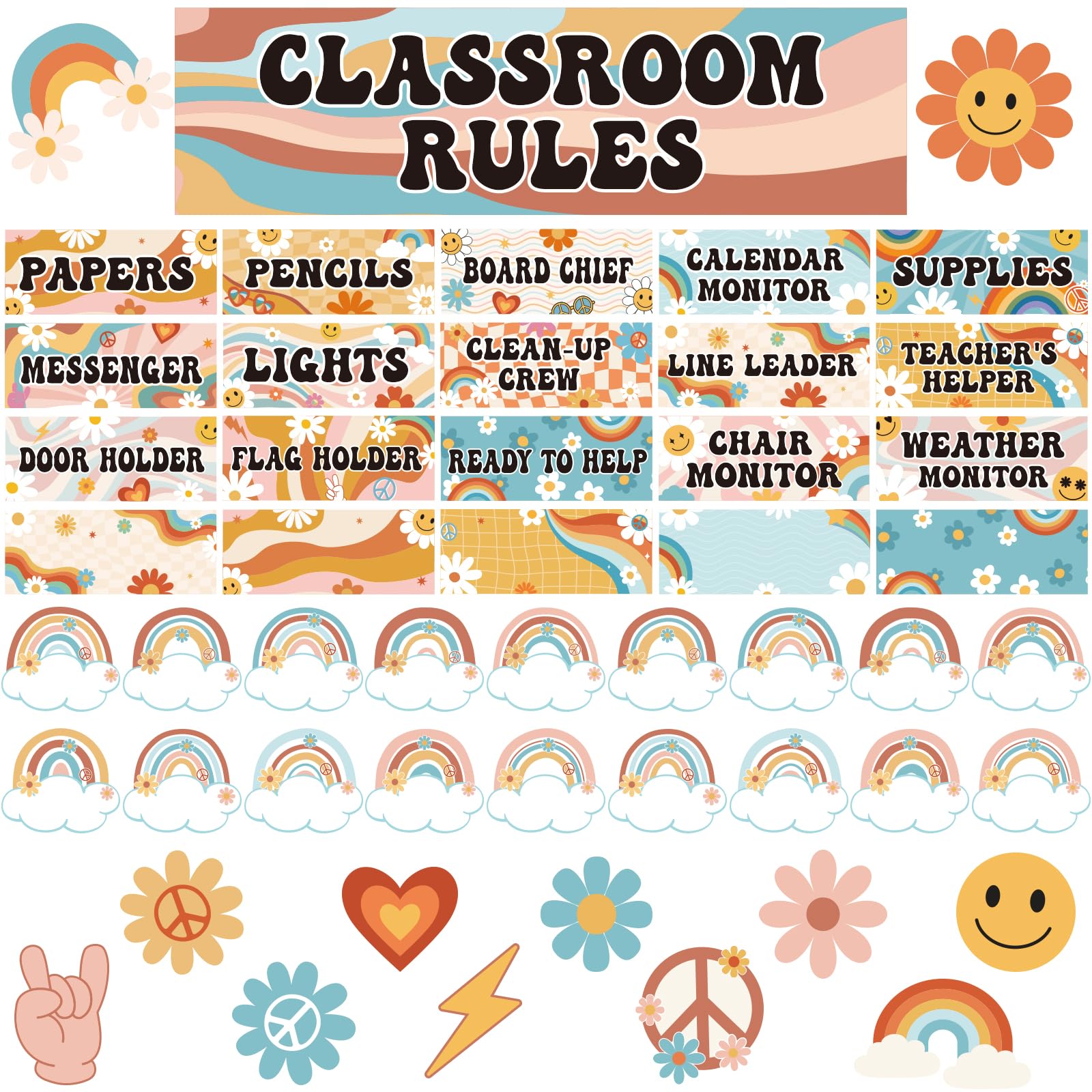 Buy 63pcs Retro Classroom Rules Job Buletin Board Groovy Rainbow Class ...