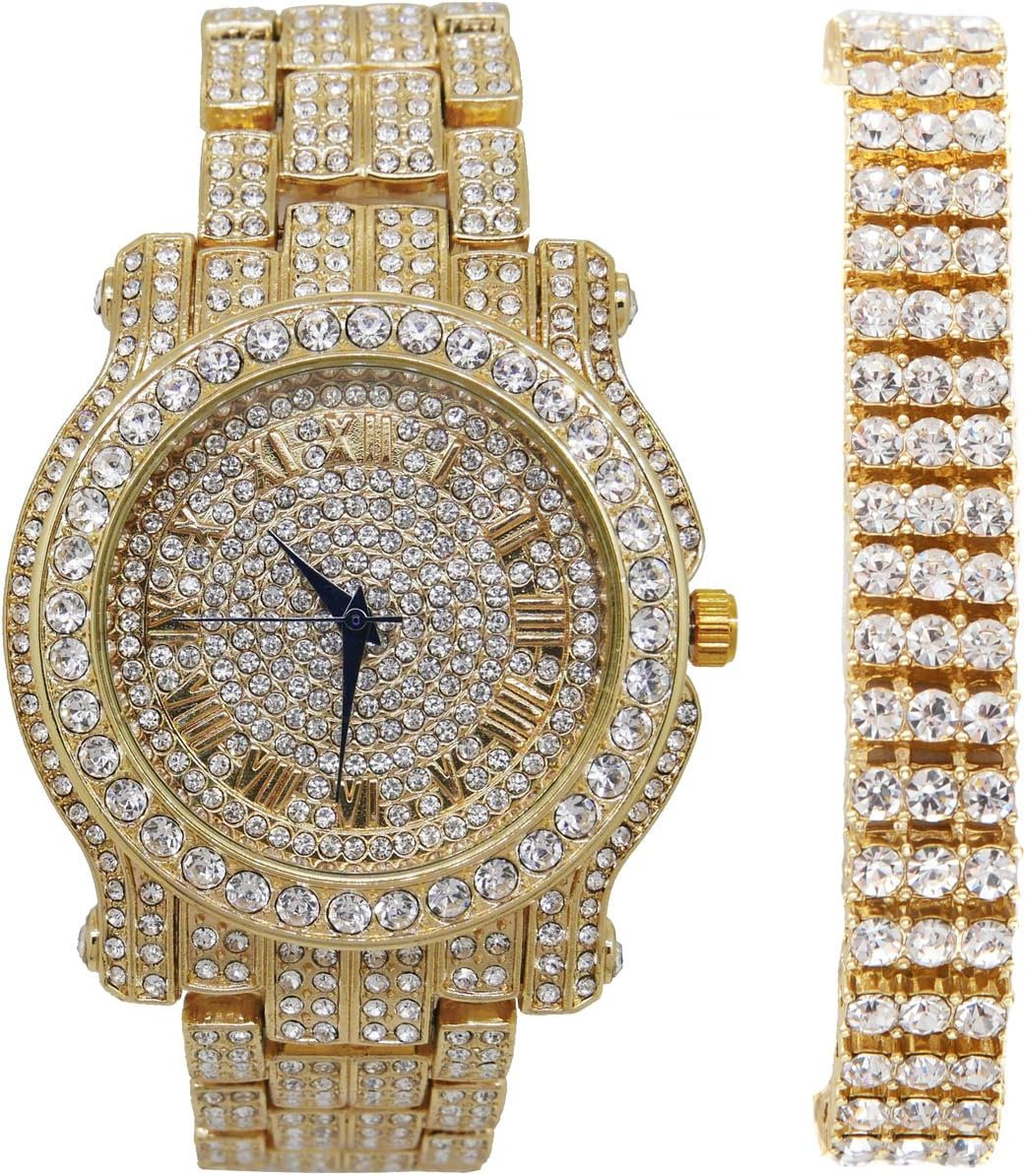 Hip Hop Rapper Men's Tennis Bracelet with Matching Iced Out Gold Round ...
