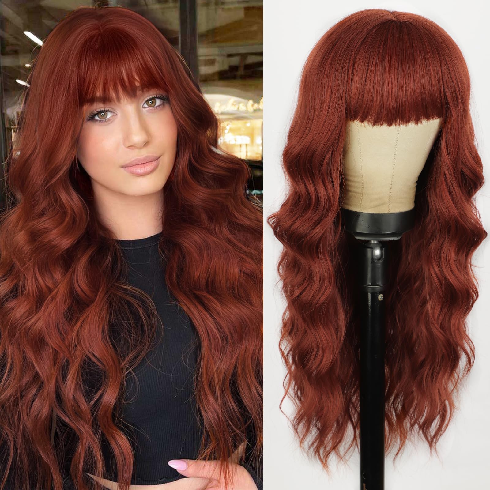 Amazon.com : Cisyia Auburn Wigs with Bangs Long Wavy Copper Red Wig for ...