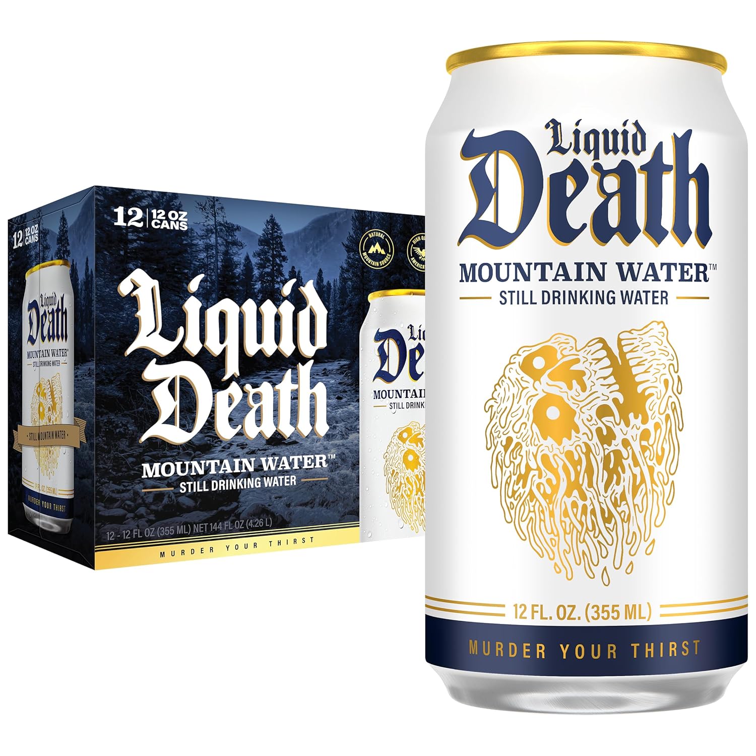Liquid Death, Still Mountain Water, 12-Pack (12oz Cans), Real Mountain ...