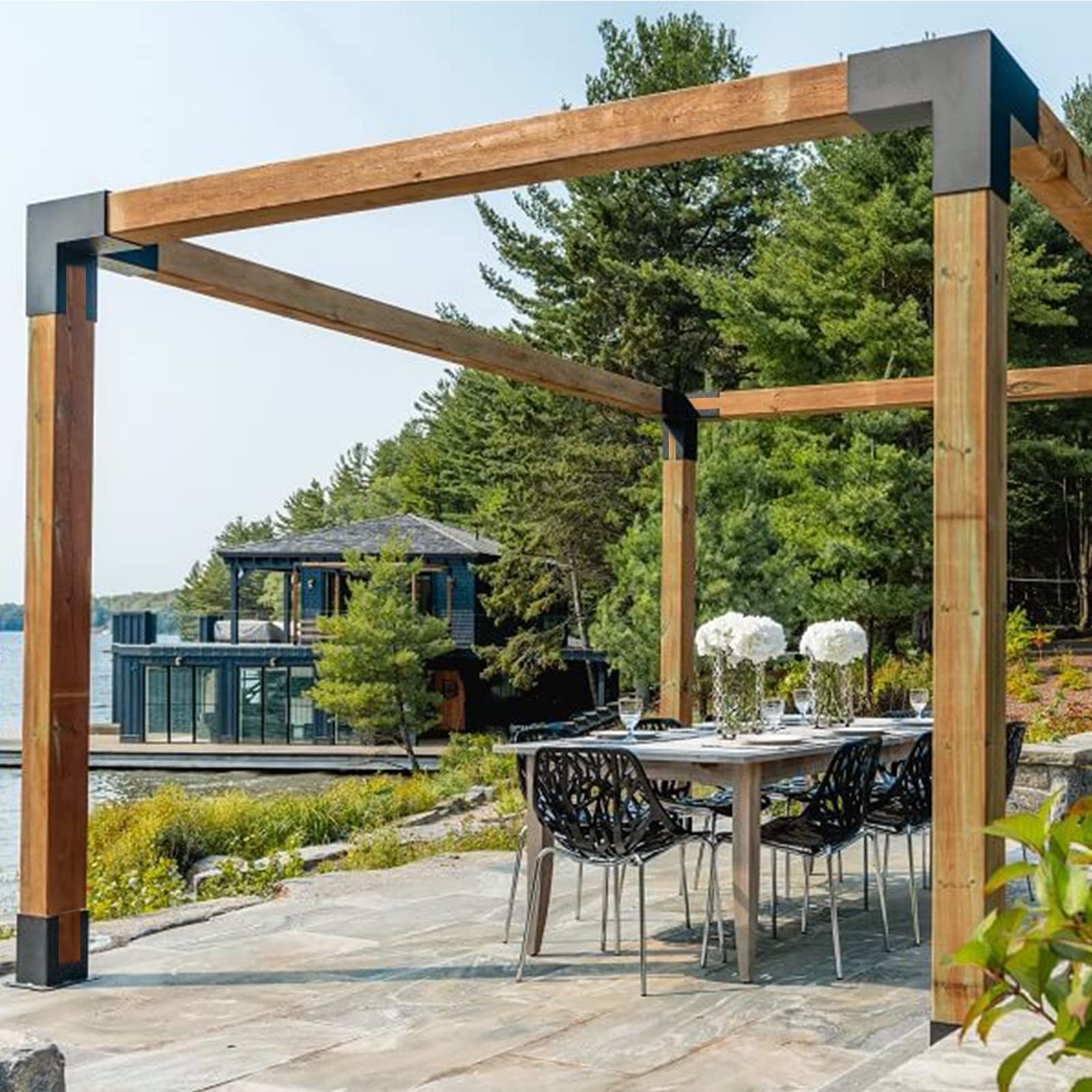 Snapklik.com : 3-Way Woodwork DIY Pergola Brackets Kit, Glossy Black Elevated Wood Stand Kit