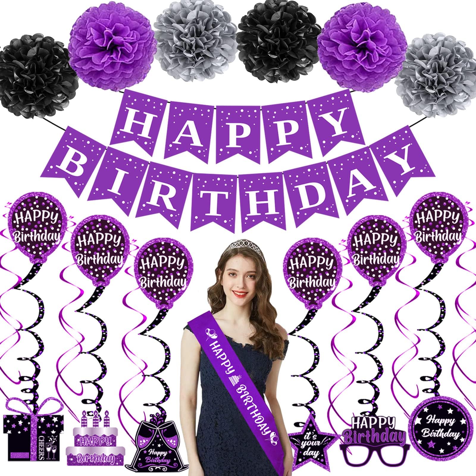 Amazon.com: Sweet Purple and Black Birthday Decoration Banner Ring ...