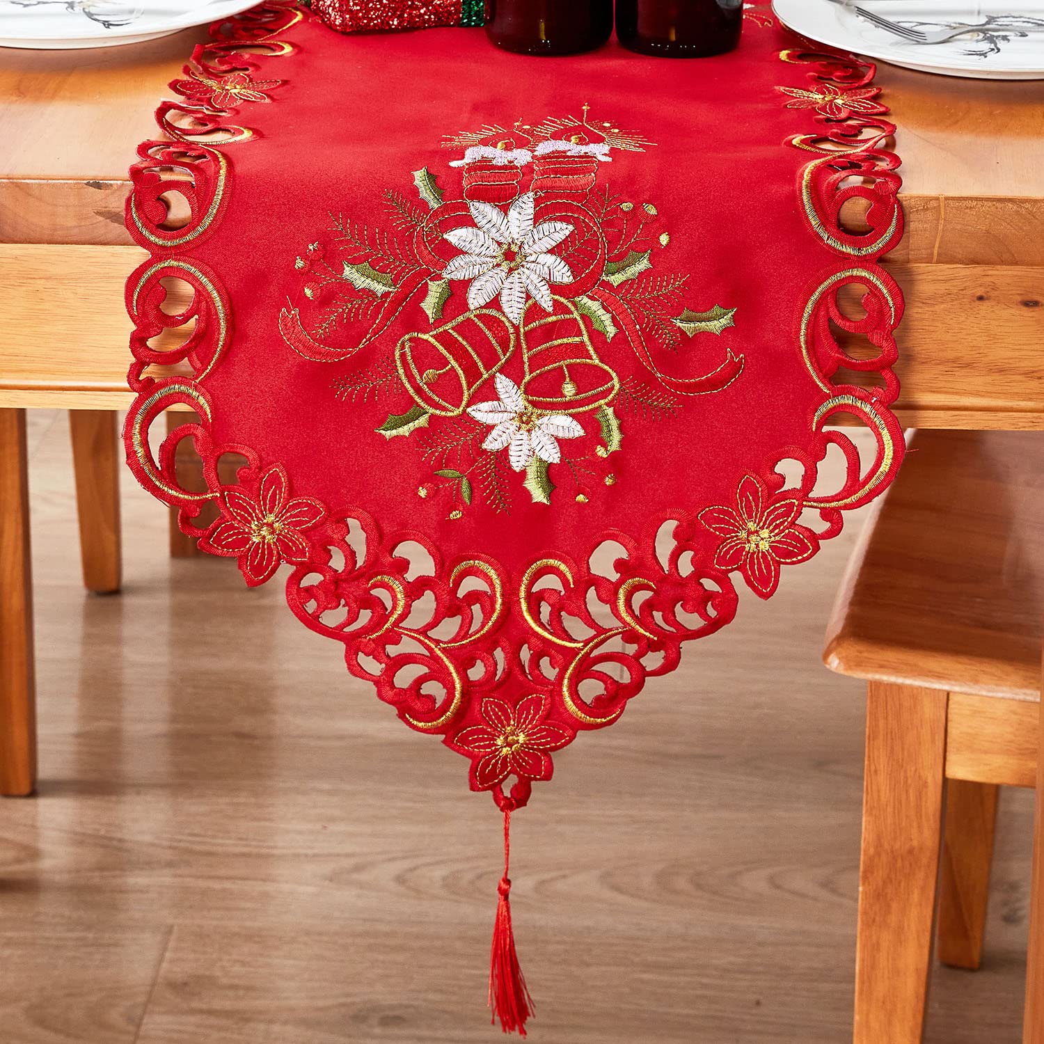 AMARED Christmas Table Runner Embroidered Flower Holly Leaf Holiday ...