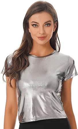 Hedmy Women's Shiny Metallic Tops Holographic Crop Top Short Sleeve T ...