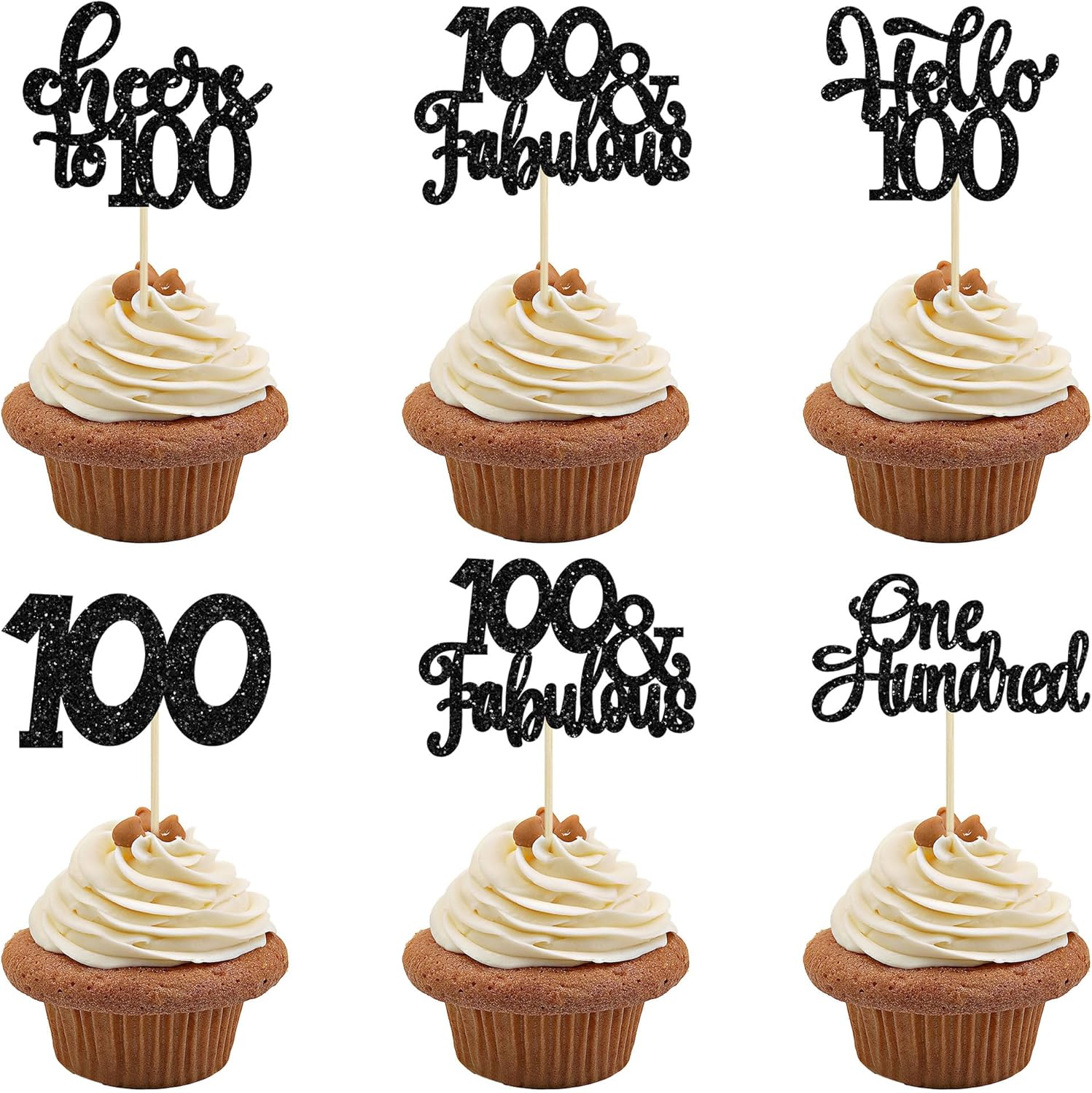 Amazon.com: 30Pcs Happy 100th Birthday Cupcake Toppers Black Glitter ...