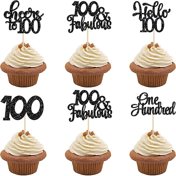Amazon.com: 30pcs Happy 100th Birthday Cupcake Toppers - Black Glitter ...