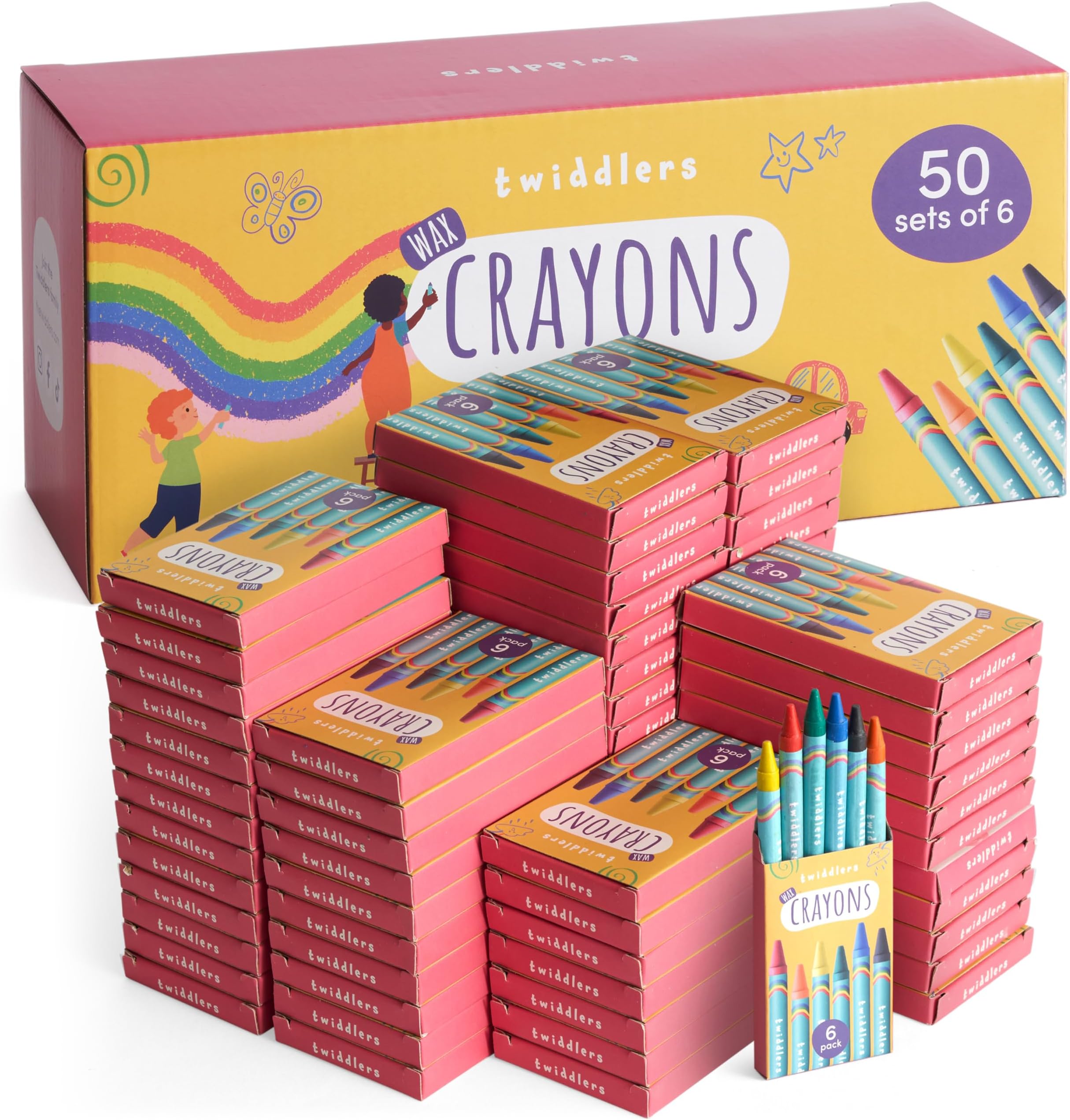 THE TWIDDLERS 50 Boxes of Wax Crayons for Kids, 6 Crayons Per Box, 300 ...