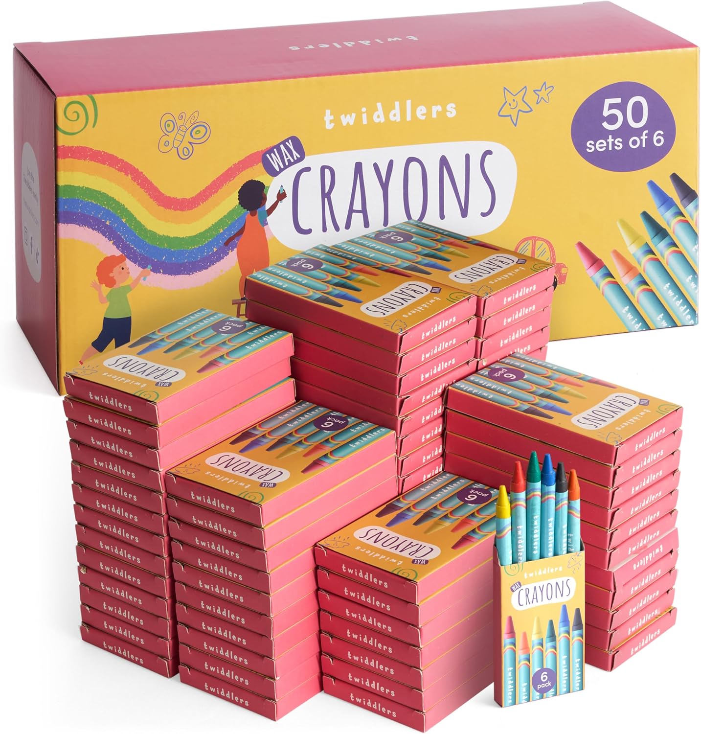 THE TWIDDLERS 50 Sets 6-Colour Mini Crayons Bulk Pack (Total 300) Non ...