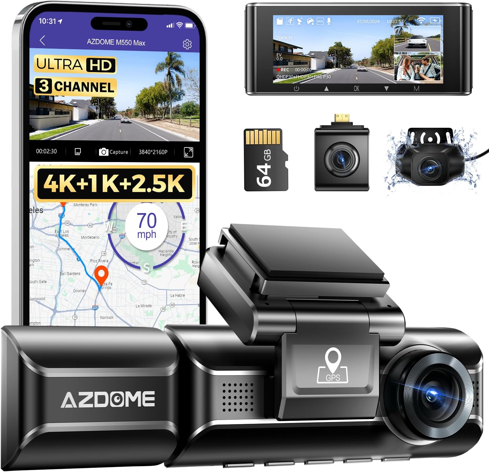Amazon.com: AZDOME M550 Max 4K 3 Channel Dash Cam, 4K+2.5K+1080P Front ...