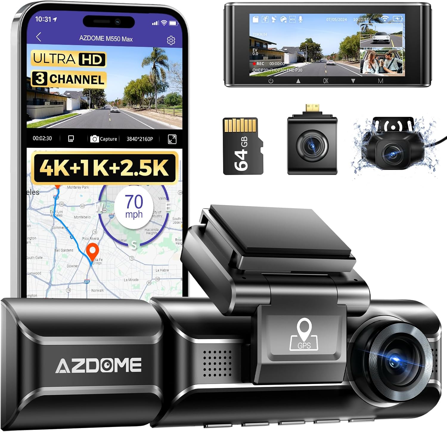 Amazon.com: AZDOME M550 Max 4K 3 Channel Dash Cam, 4K+2.5K+1080P Front ...