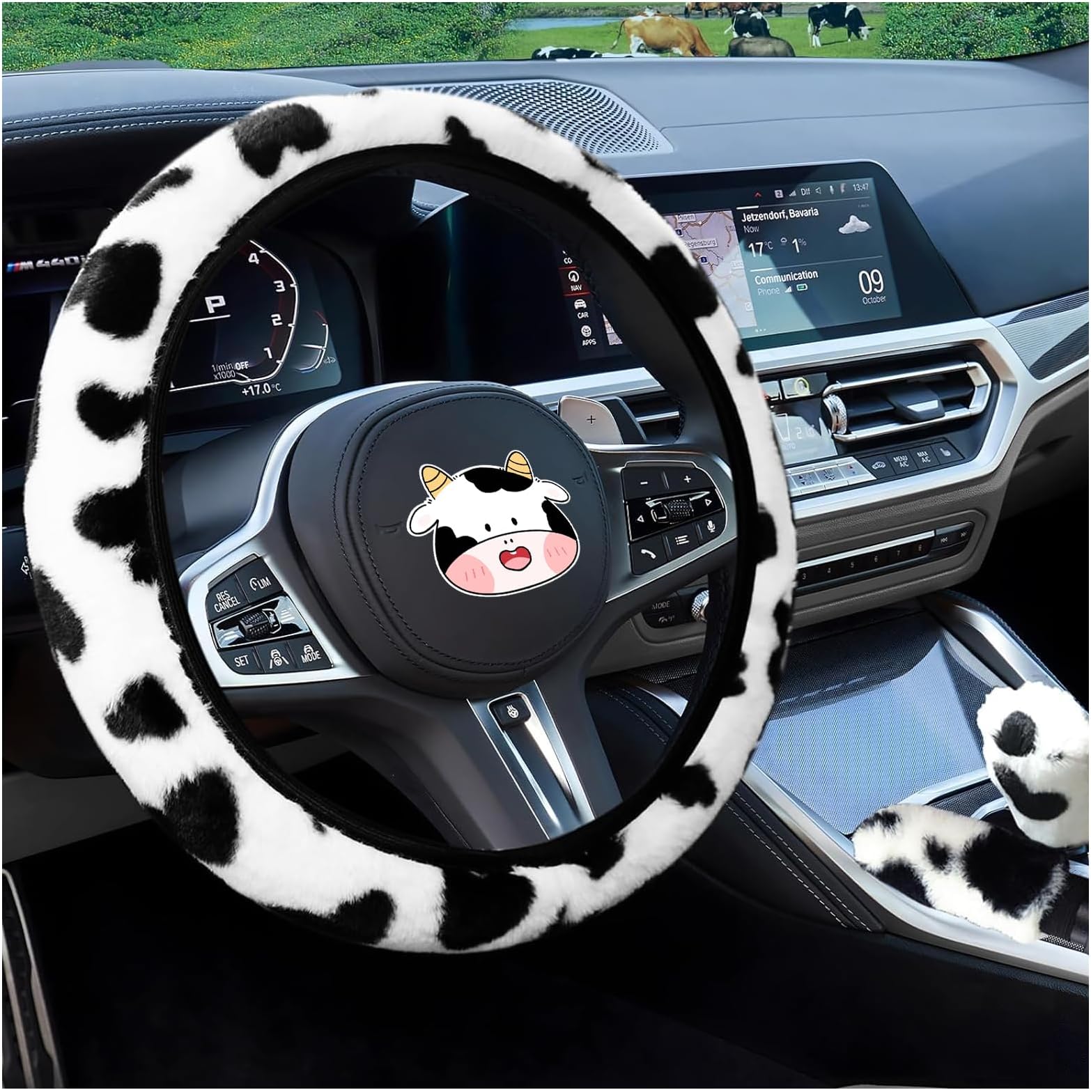 Amazon.com: SuperKaKa 3PCS Furry Cow Print Steering Wheel Cover,Auto ...