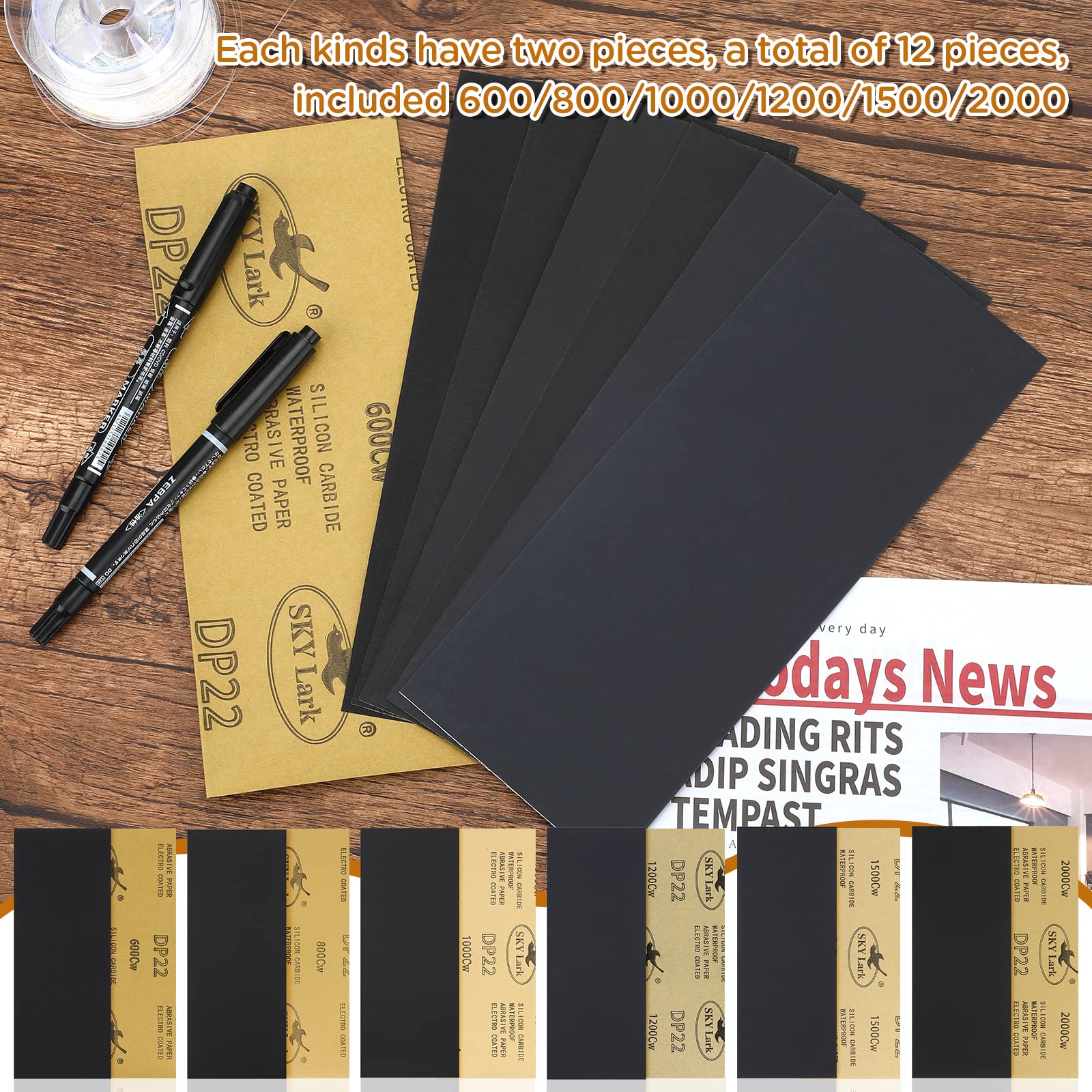 PROUSKY 12 Pieces Wet and Dry Sandpaper, Assortment 600 800 1000 1200 ...