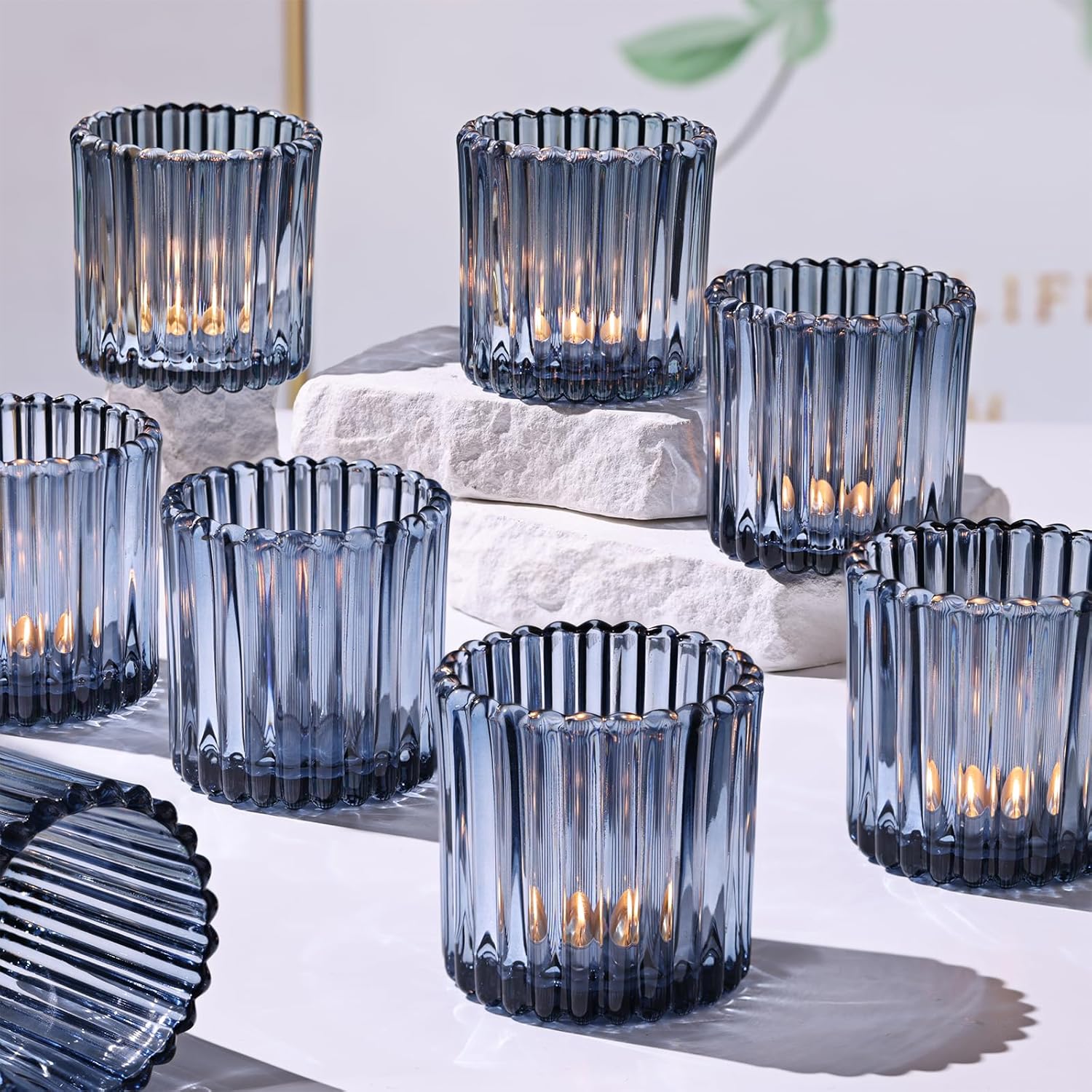 Amazon.com: 8pcs Large Blue Votive Candle Holders, 2.95"×2.95" Ribbed ...