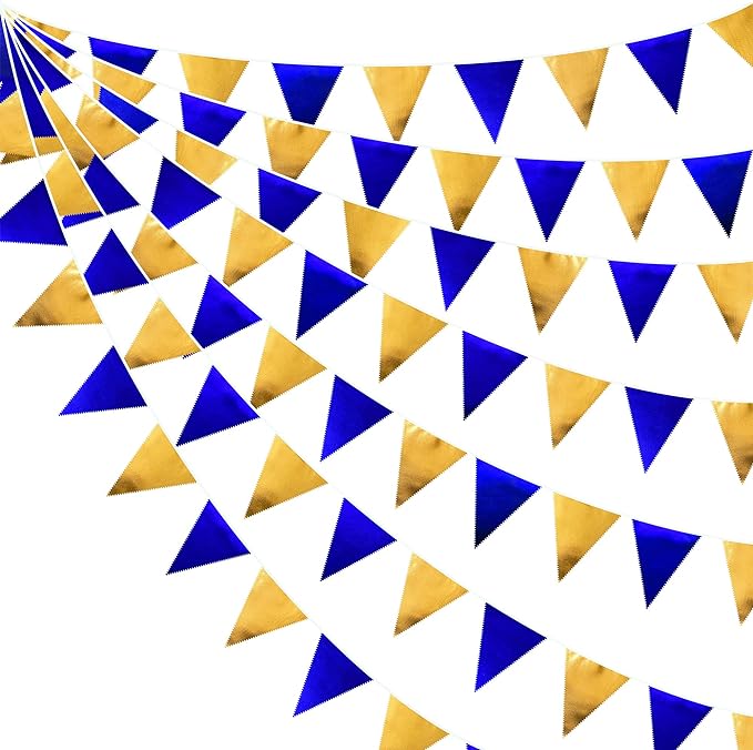 32Ft Blue Gold Fabric Triangle Banner Flag Double Sided Metallic ...