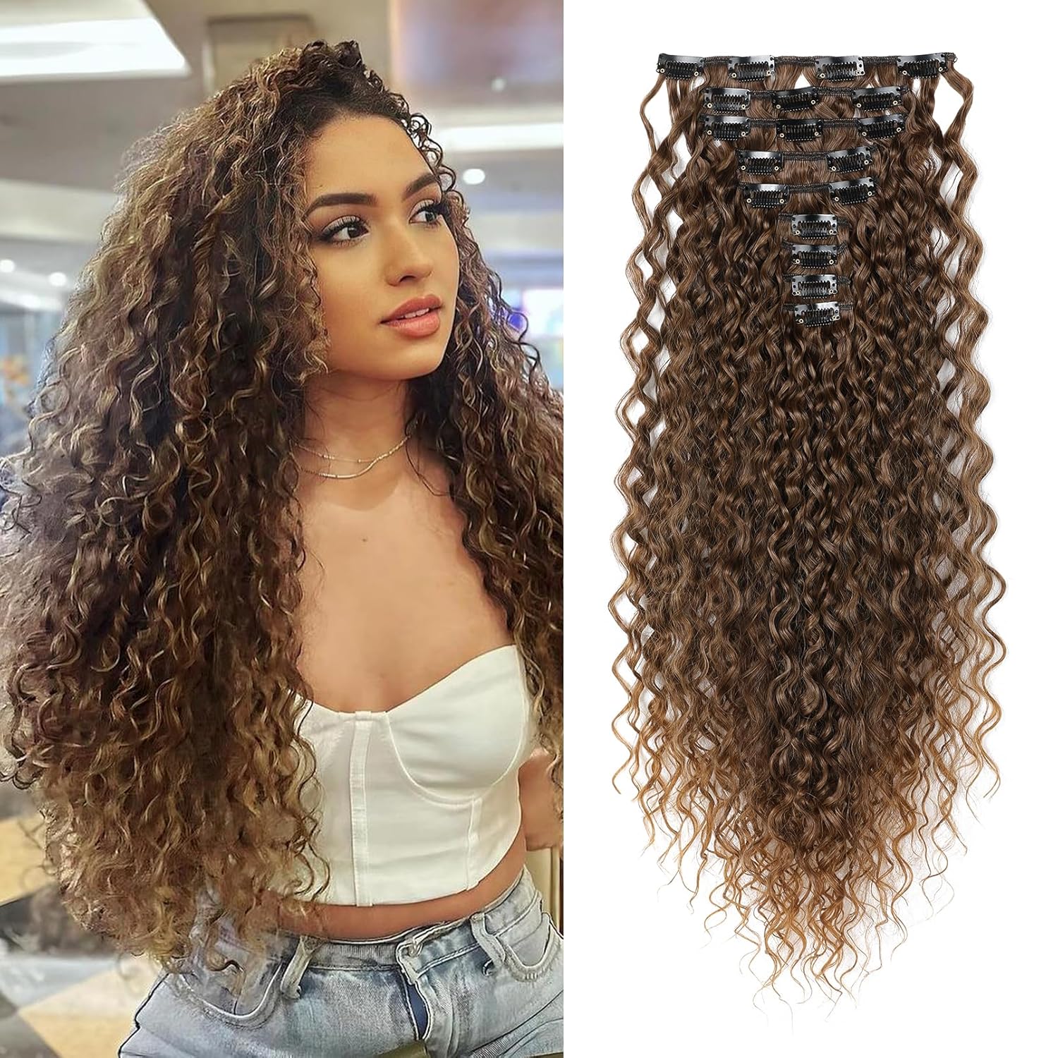 Amazon.com : FLUFYMOOZ 9PCS Clip in Hair Extensions 22 Inch Curly Hair ...