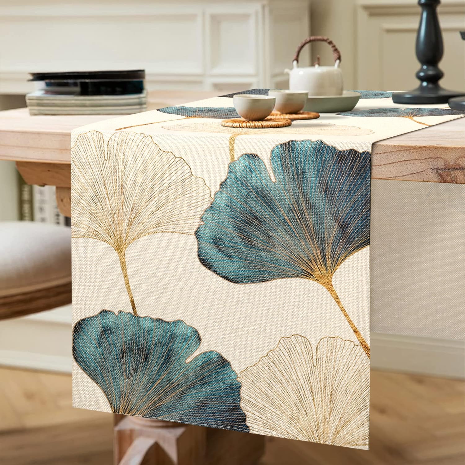 Amazon.com: Green and Gold Table Runner 13 x 72 inch Ginkgo Leaf Table ...