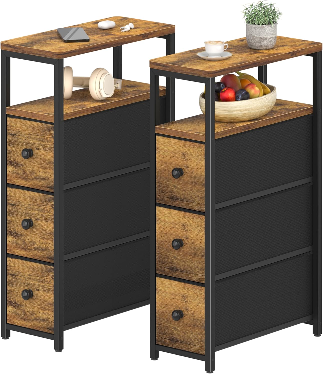 Amazon.com: KLUVIS Narrow Night Stand Set 2 - Nightstand with 3 Drawers ...