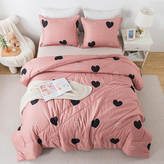 Amazon.com: Caressma Love Pattern Girls Pink Comforter Set King Size ...