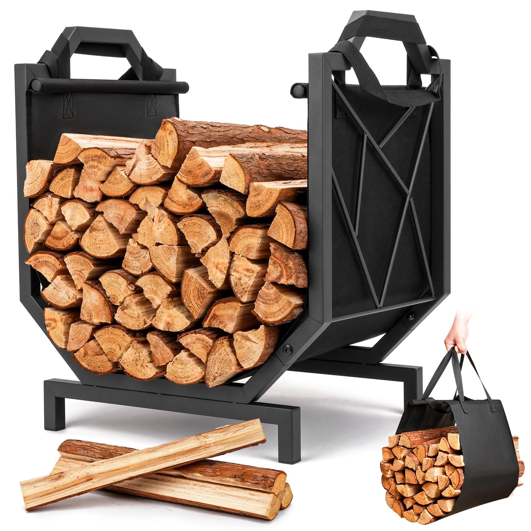 Amazon.com: HIHADUUM Firewood Rack with Canvas Log Carrier, Log Holder ...