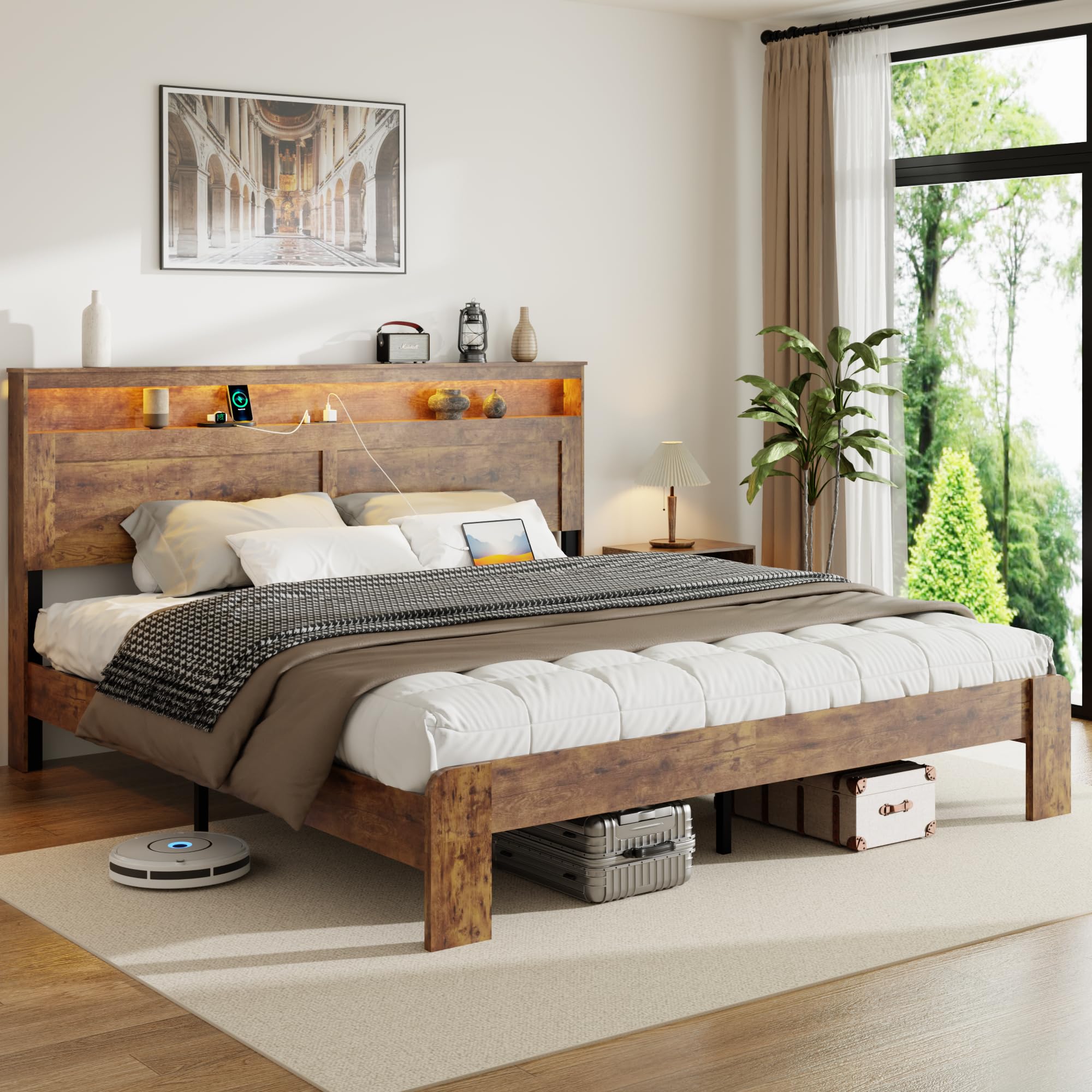 Amazon.com: PAUKIN King Size Wooden Bed Frame with Headboard, Rustic ...
