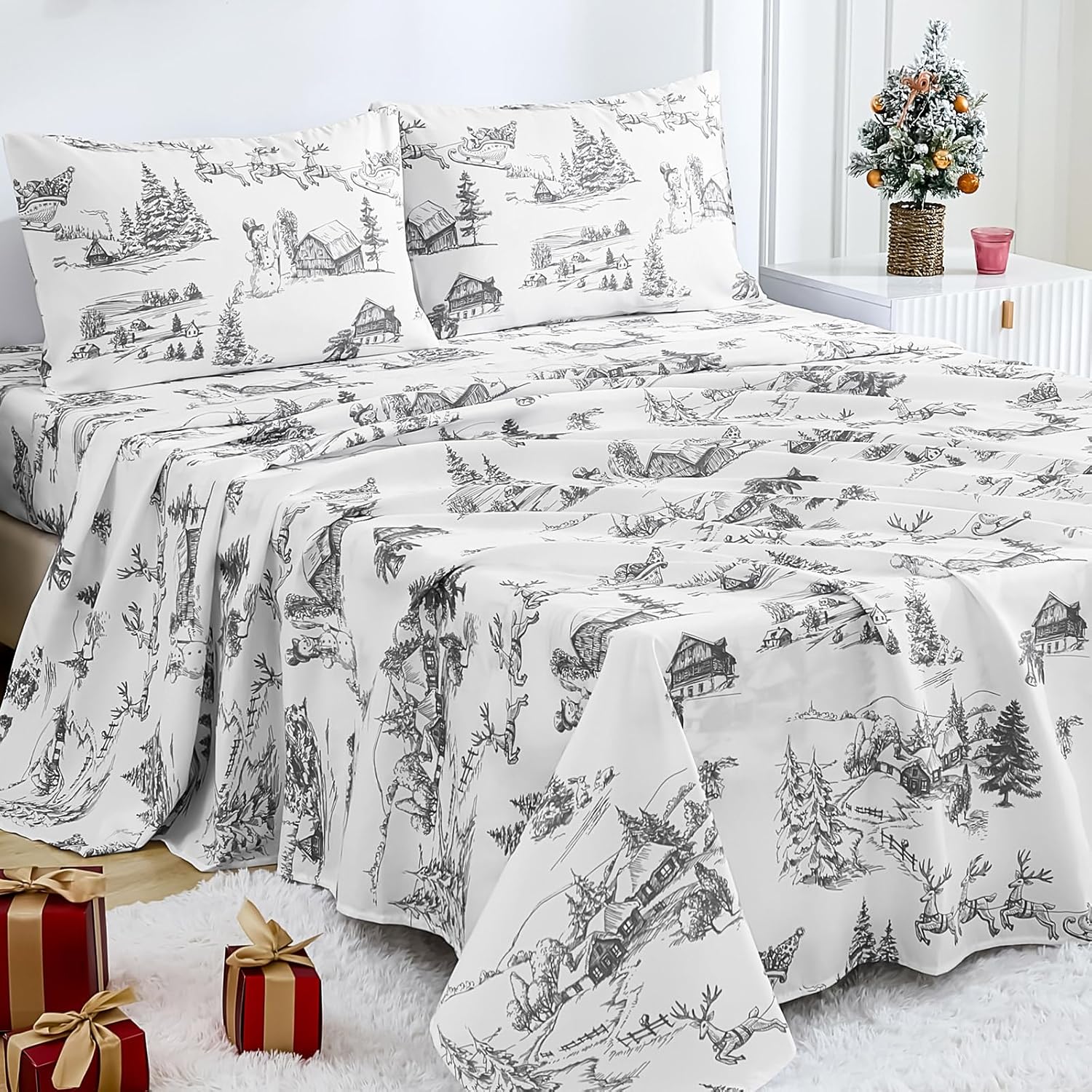 Amazon.com: Yiran Grey Christmas Sheet Set Queen 4 Piece Christmas Deer ...