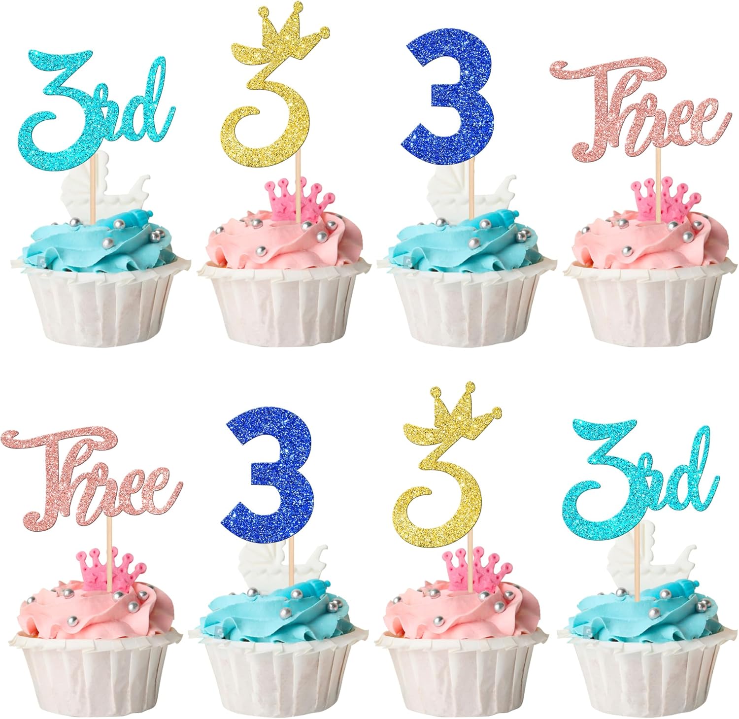 Amazon.com: 24 PCS 3rd Birthday Cupcake Toppers Glitter Crown Three ...