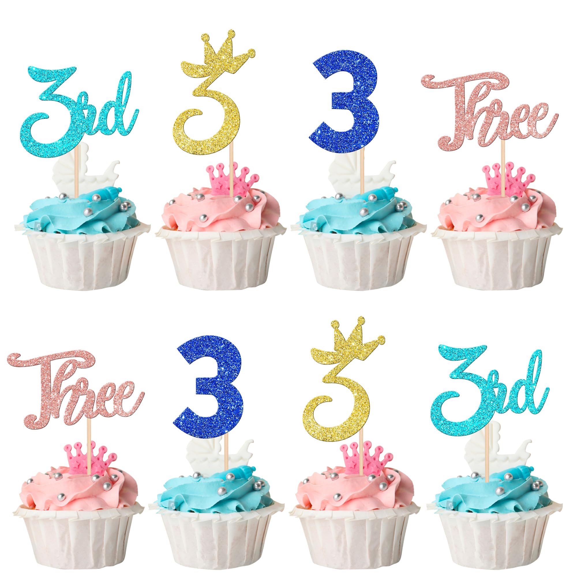 Amazon.com: 24 PCS 3rd Birthday Cupcake Toppers Glitter Crown Three ...